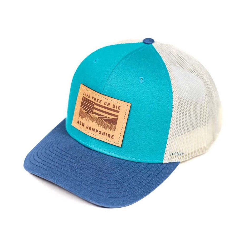 NH Flag & Mountain Cap- Teal/Navy Bill/Tan Mesh — Granite State Apparel